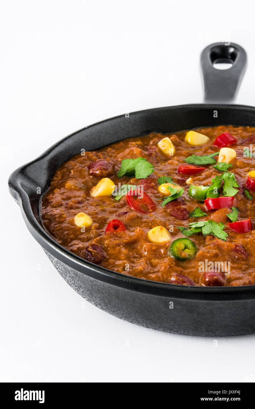 Traditional mexican tex mex chili con carne in a frying pan isolated on ...
