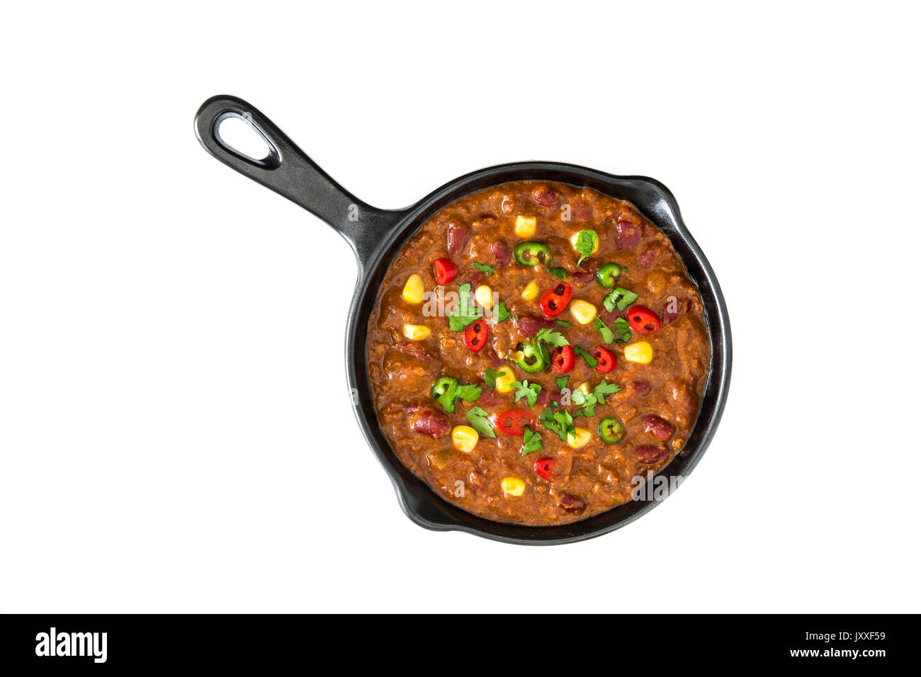 Traditional mexican tex mex chili con carne in a frying pan isolated on ...