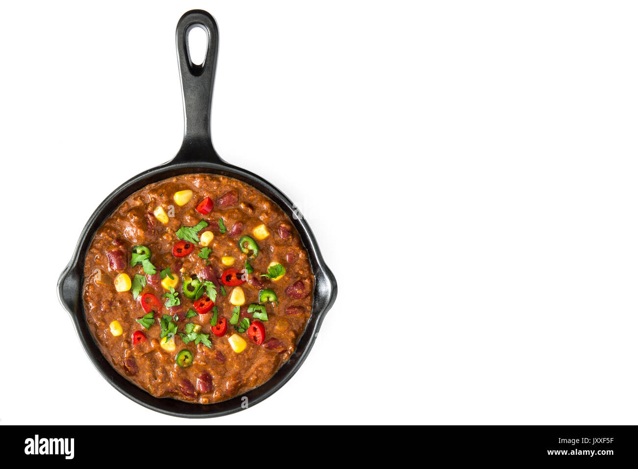 Traditional mexican tex mex chili con carne in a frying pan isolated on ...