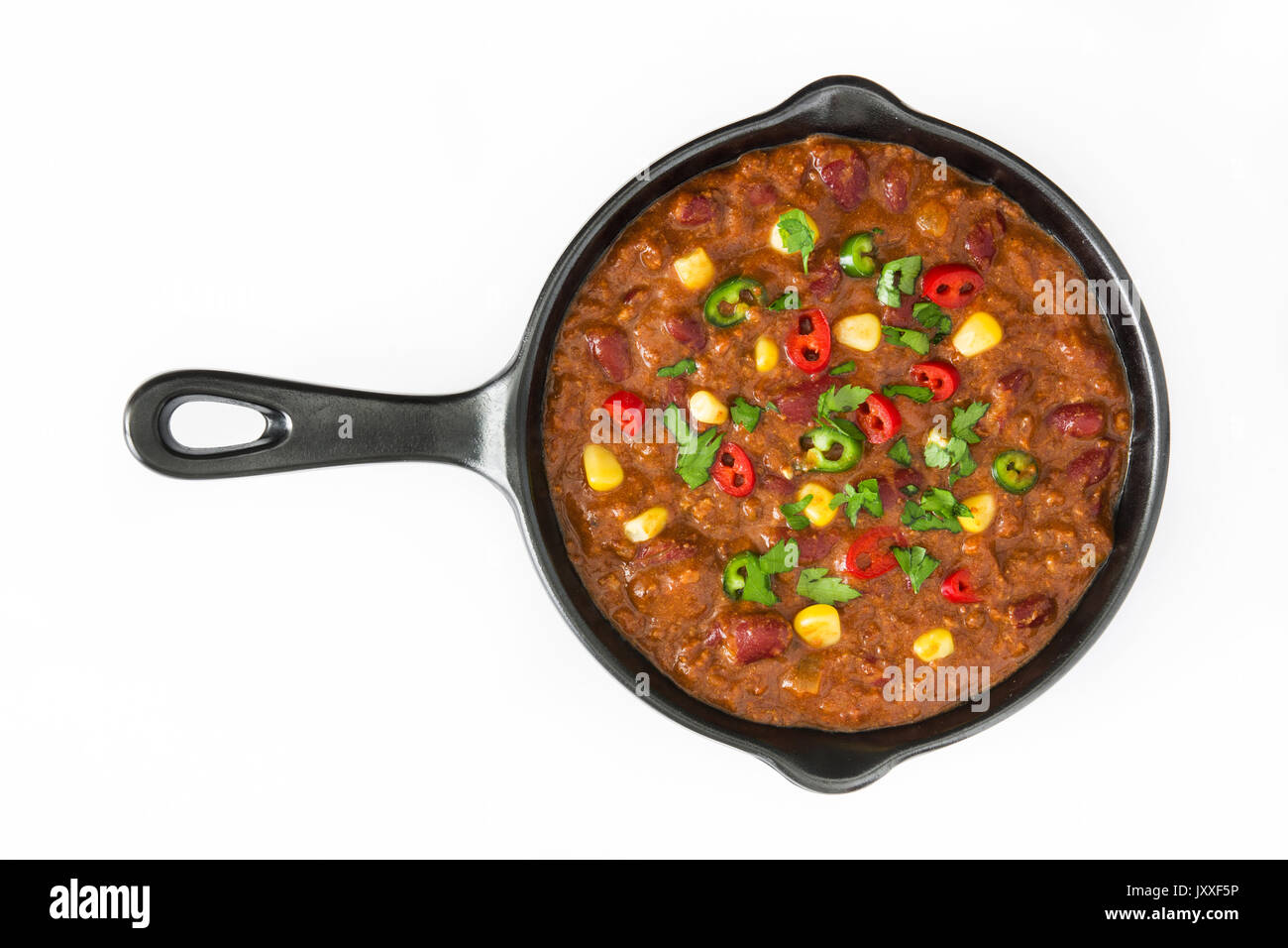 Traditional mexican tex mex chili con carne in a frying pan isolated on ...
