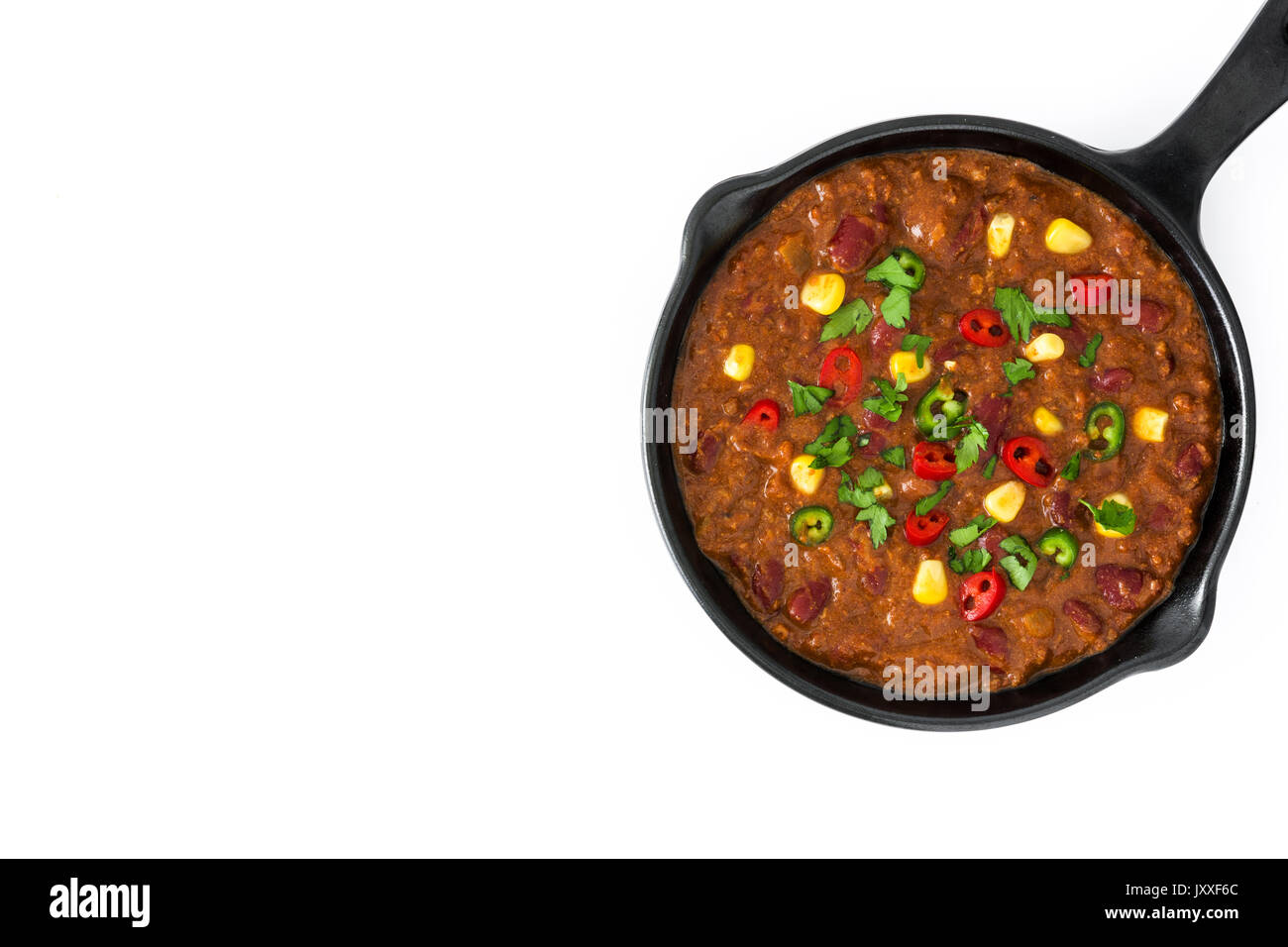 Traditional mexican tex mex chili con carne in a frying pan isolated on ...