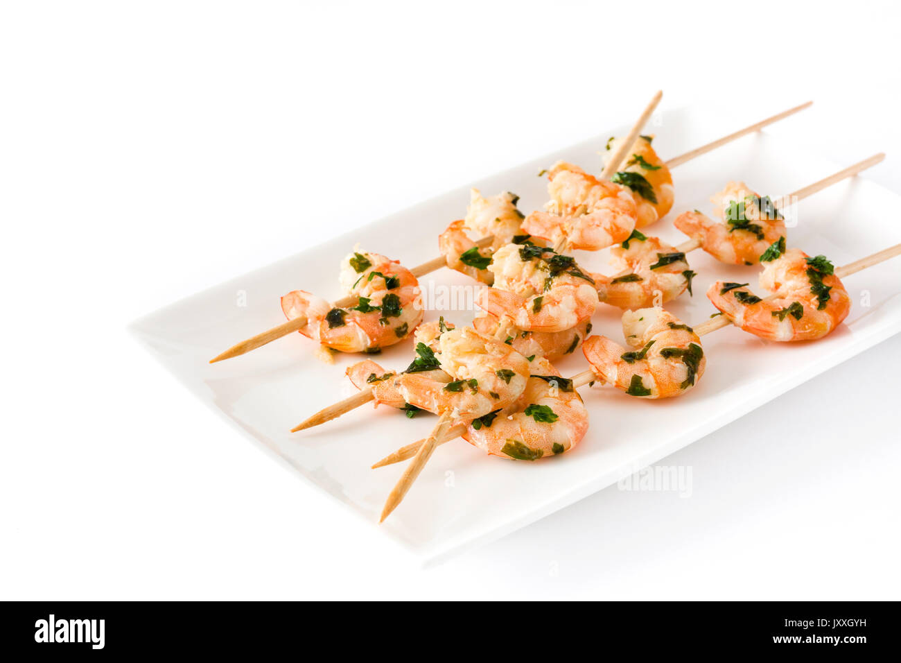 Shrimp skewers isolated on white background Stock Photo - Alamy