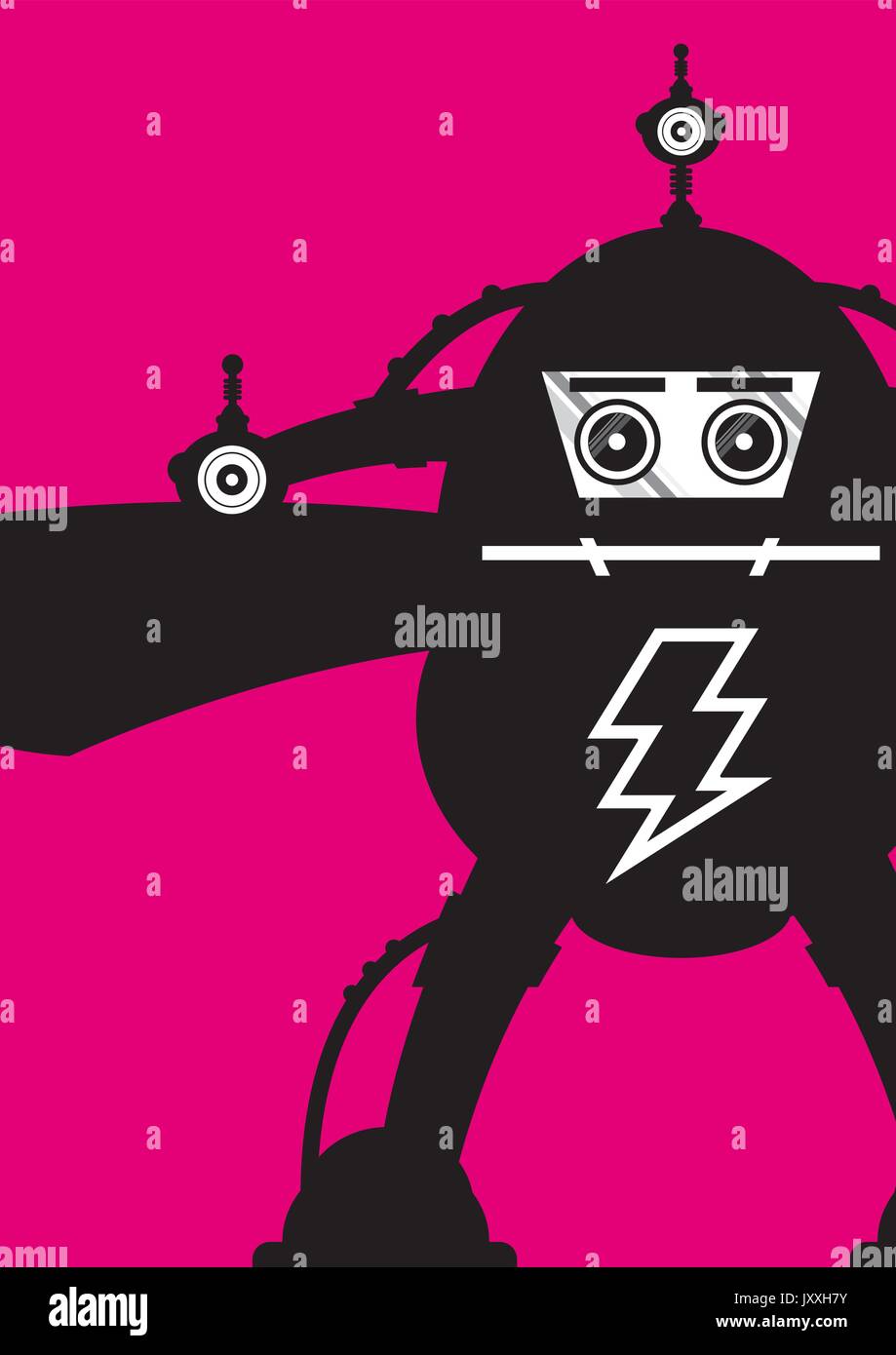 Cartoon Retro Science Fiction Giant Mecha Robot in Silhouette Stock ...