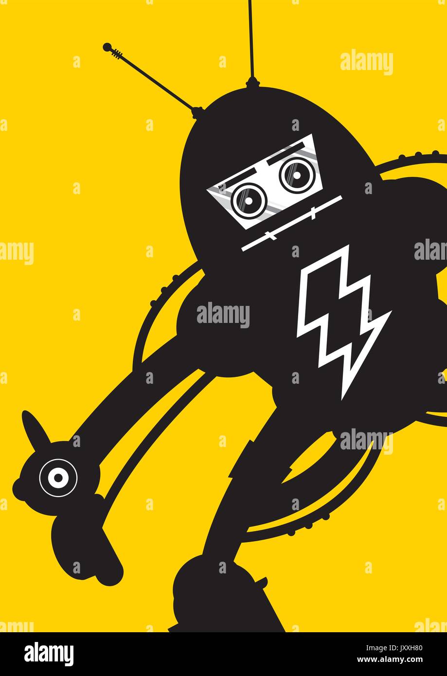 Cartoon Retro Science Fiction Giant Mecha Robot in Silhouette Stock ...