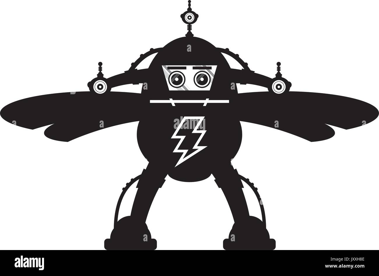 Cartoon Retro Science Fiction Giant Mecha Robot in Silhouette Stock ...
