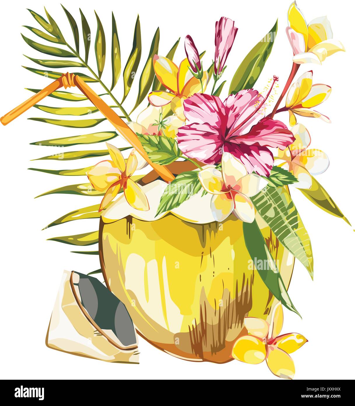 Vector coconut hand drawn sketch with palm leaf, plumeria and a pink ...