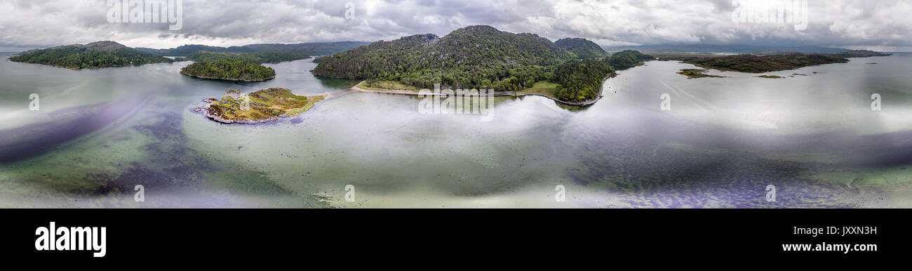 Aerial view of the old ruined Castle Tioram in the Highlands of ...