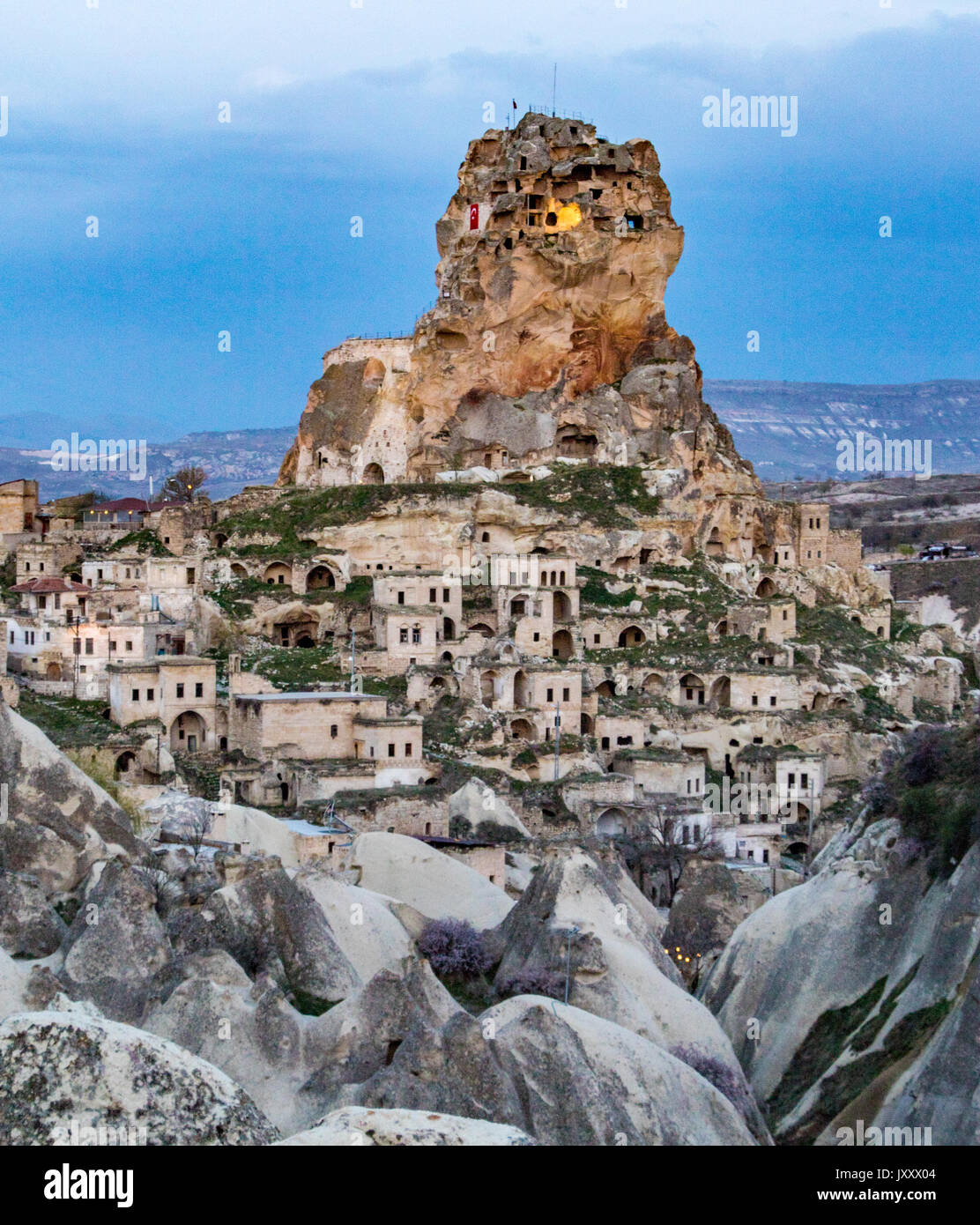 The ancient Ortahisar Castle in Cappadocia, in central Turkey is a ...