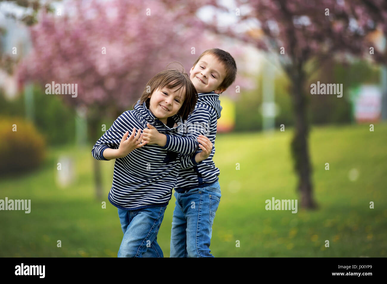 Two children, brothers, fighting in a park, springtime Stock Photo - Alamy