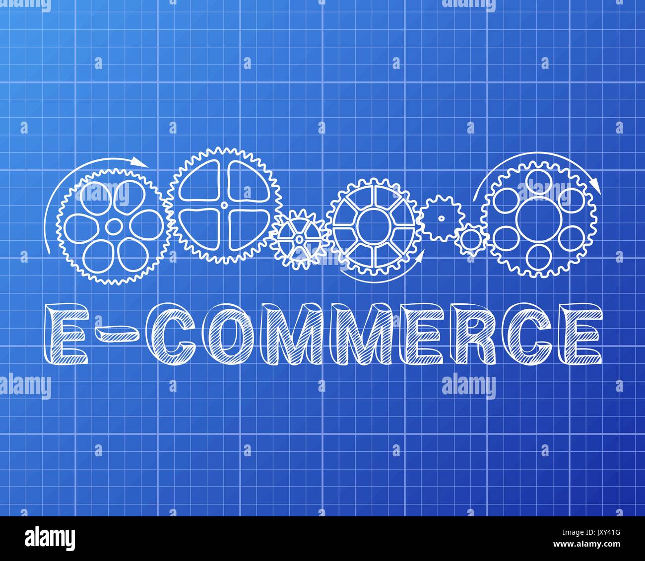 E Commerce text with gear wheels hand drawn on blueprint background ...