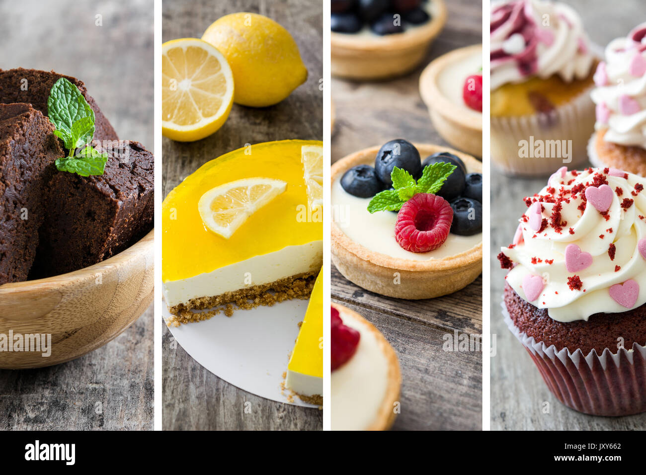 Desserts collage with brownie, lemon pie, tartlets and cupcakes Stock ...