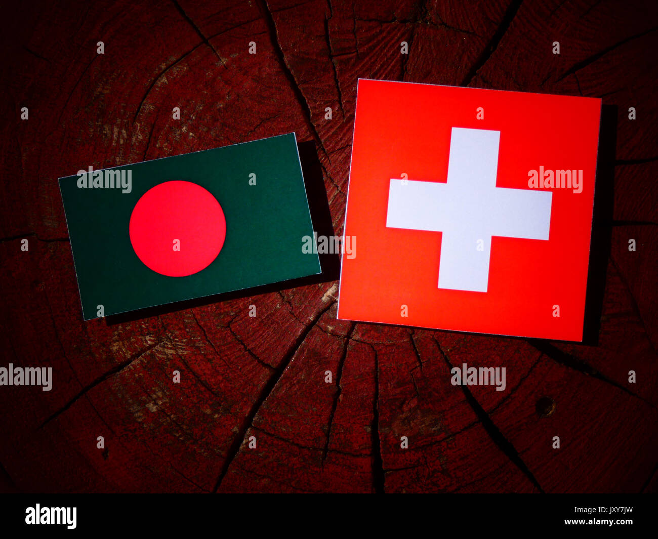 Bangladesh flag with Swiss flag on a tree stump isolated Stock Photo ...
