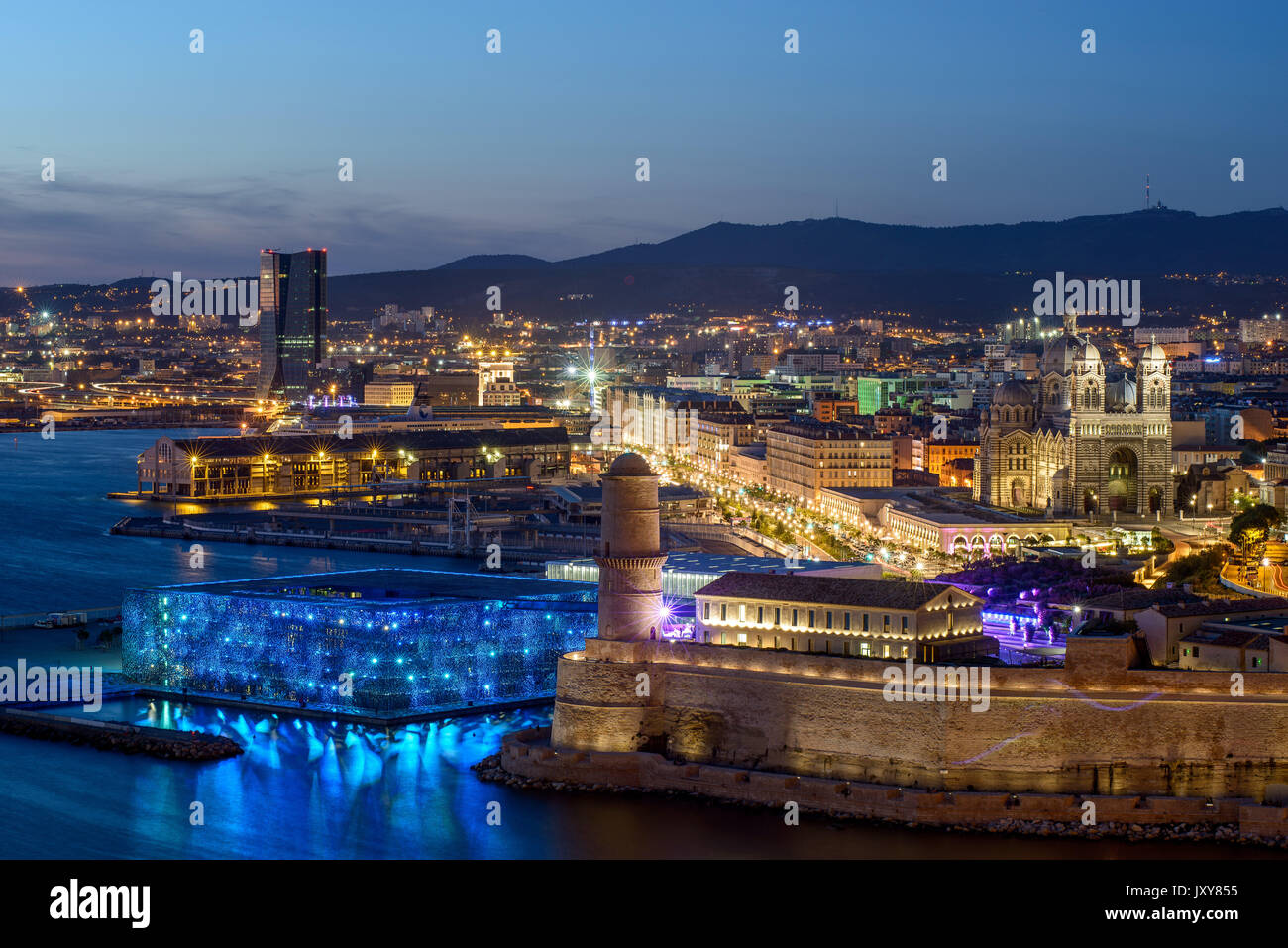 Marseille (south-eastern France): the harbour at night. The MUCEM ...
