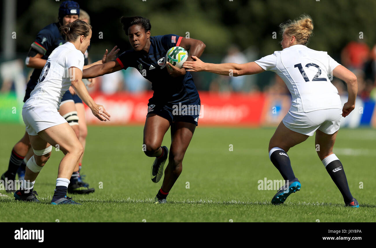 England's Katy McLean and Amber Reed go to tackle USA's Cheta Emba ...