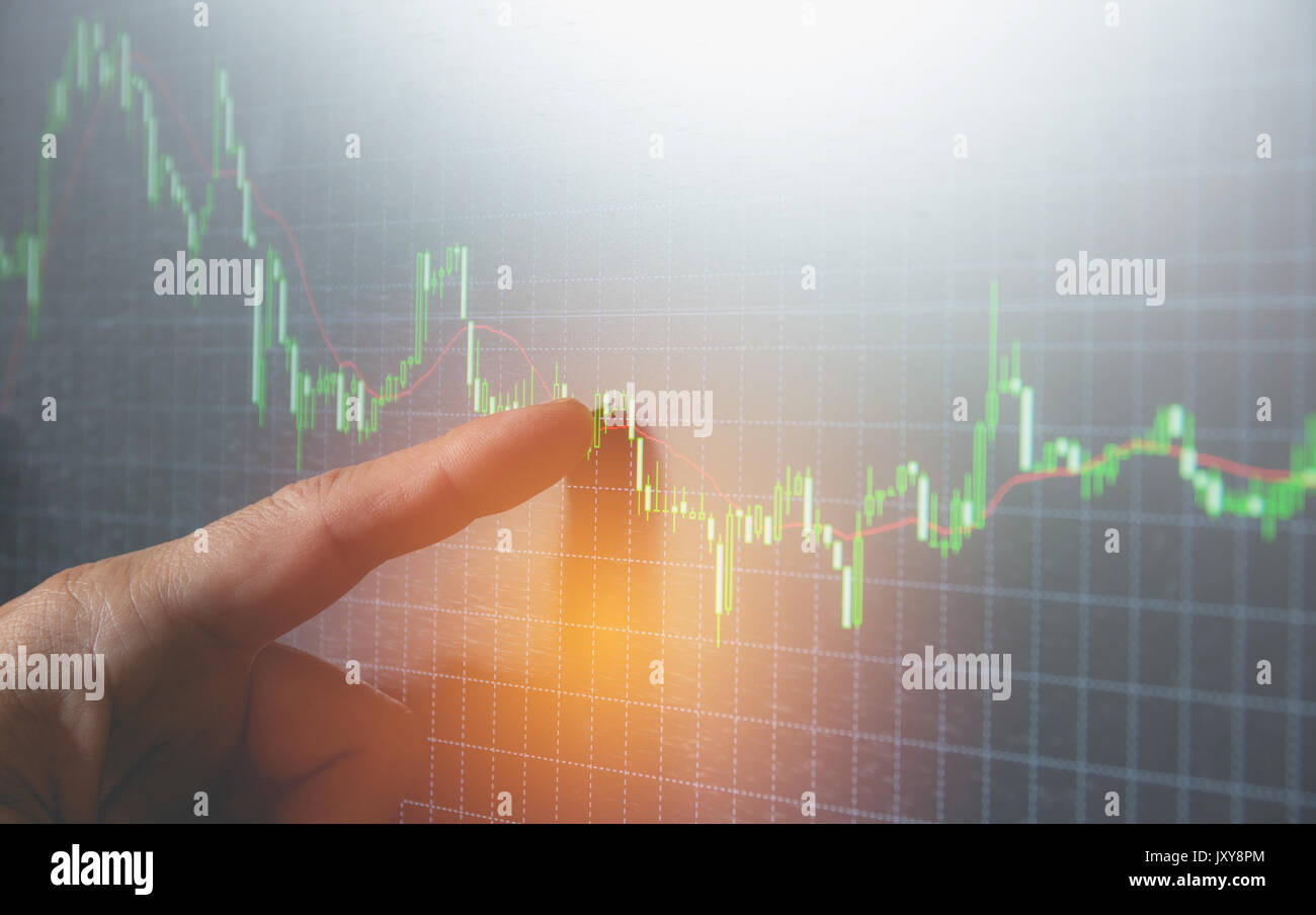 businessman point finger at indicator graph and volume bar for analysis ...
