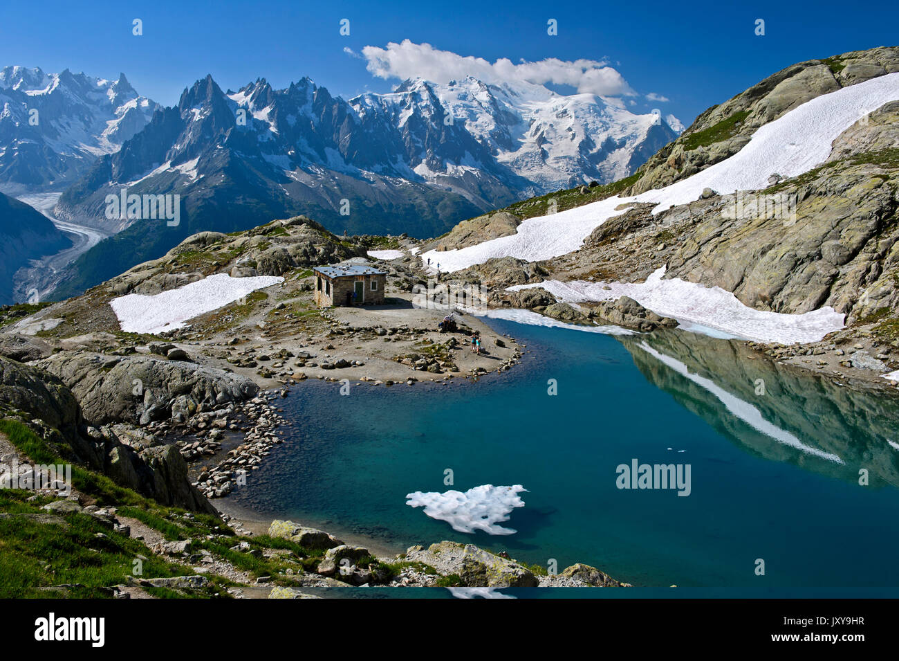 Mountain refuge of "Lac Blanc" (White Lake) in the Aiguilles Rouges ...