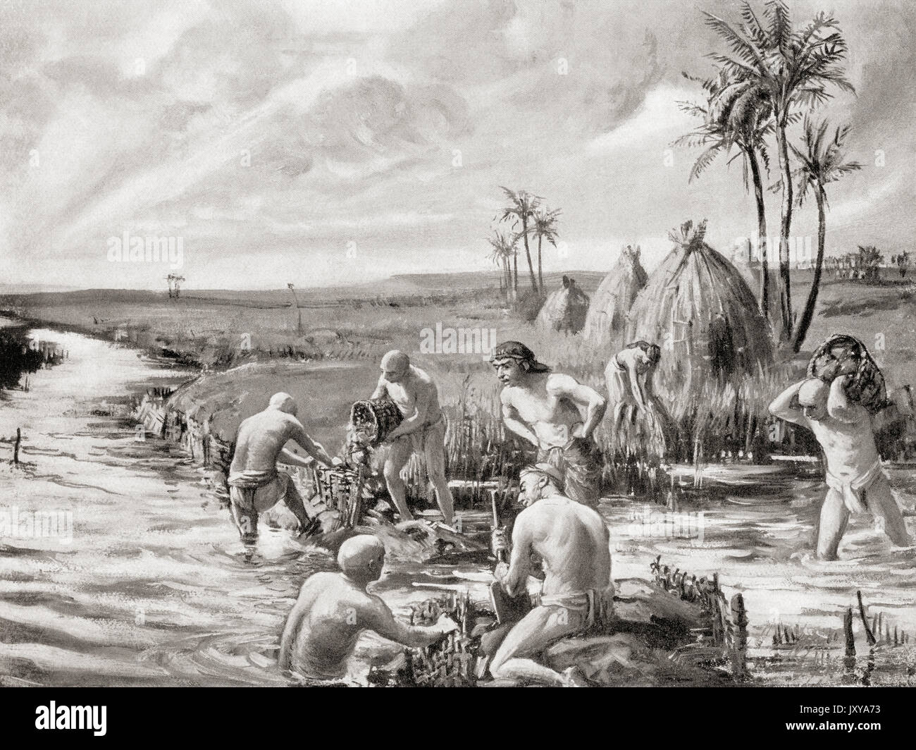 Early settlers in Babylonia draining the marshes by building a dam of ...