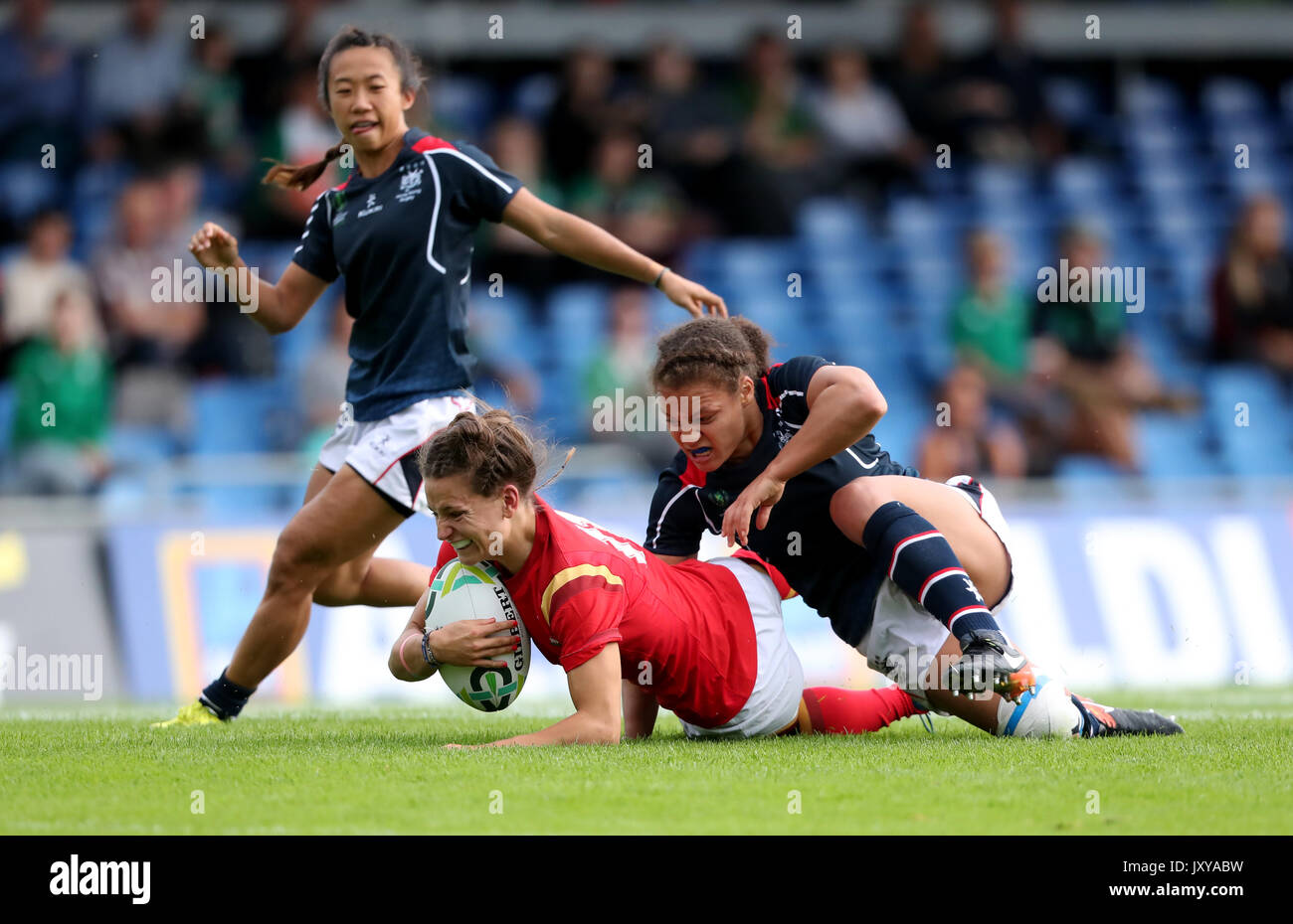 Wales' Jasmine Joyce is tackled during the 2017 Women's Rugby World Cup ...