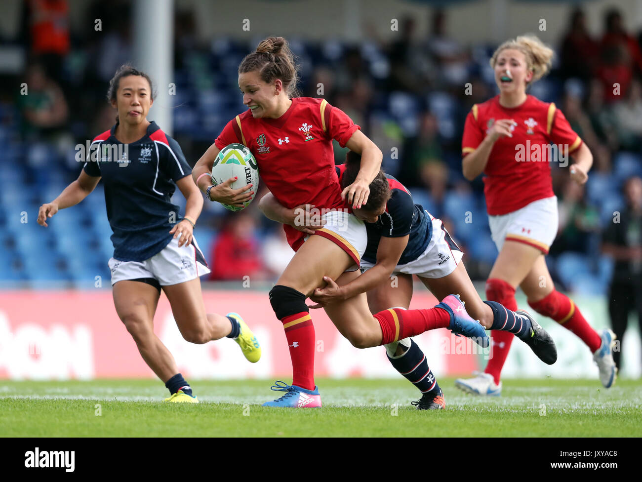 Wales' Jasmine Joyce is tackled during the 2017 Women's Rugby World Cup ...