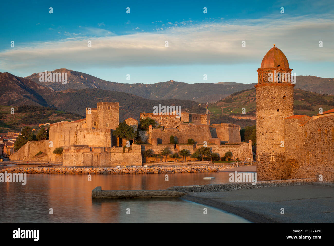 First light of dawn over town of Collioure, Pyrenees-Orientales ...