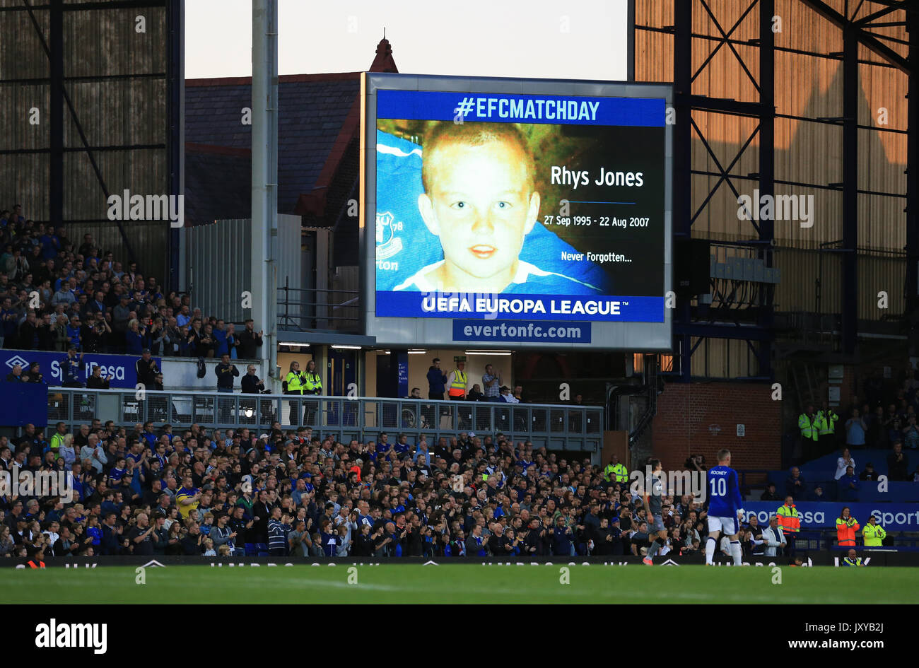 A tribute to Rhys Jones is shown on the big screen during the UEFA ...