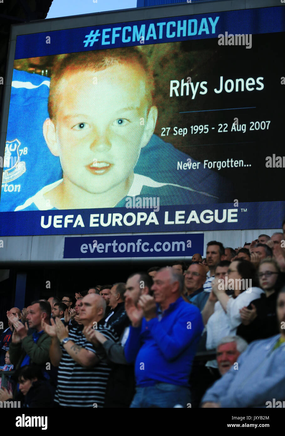 A tribute to Rhys Jones is shown on the big screen during the UEFA ...