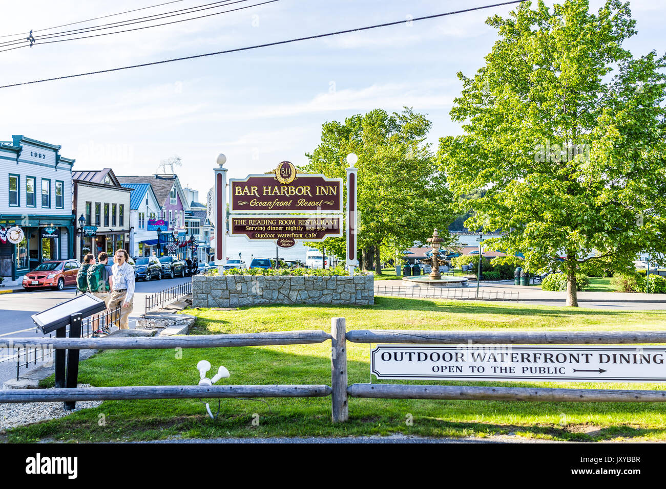Bar Harbor, USA - June 8, 2017: Oceanfront resort inn sign with ...