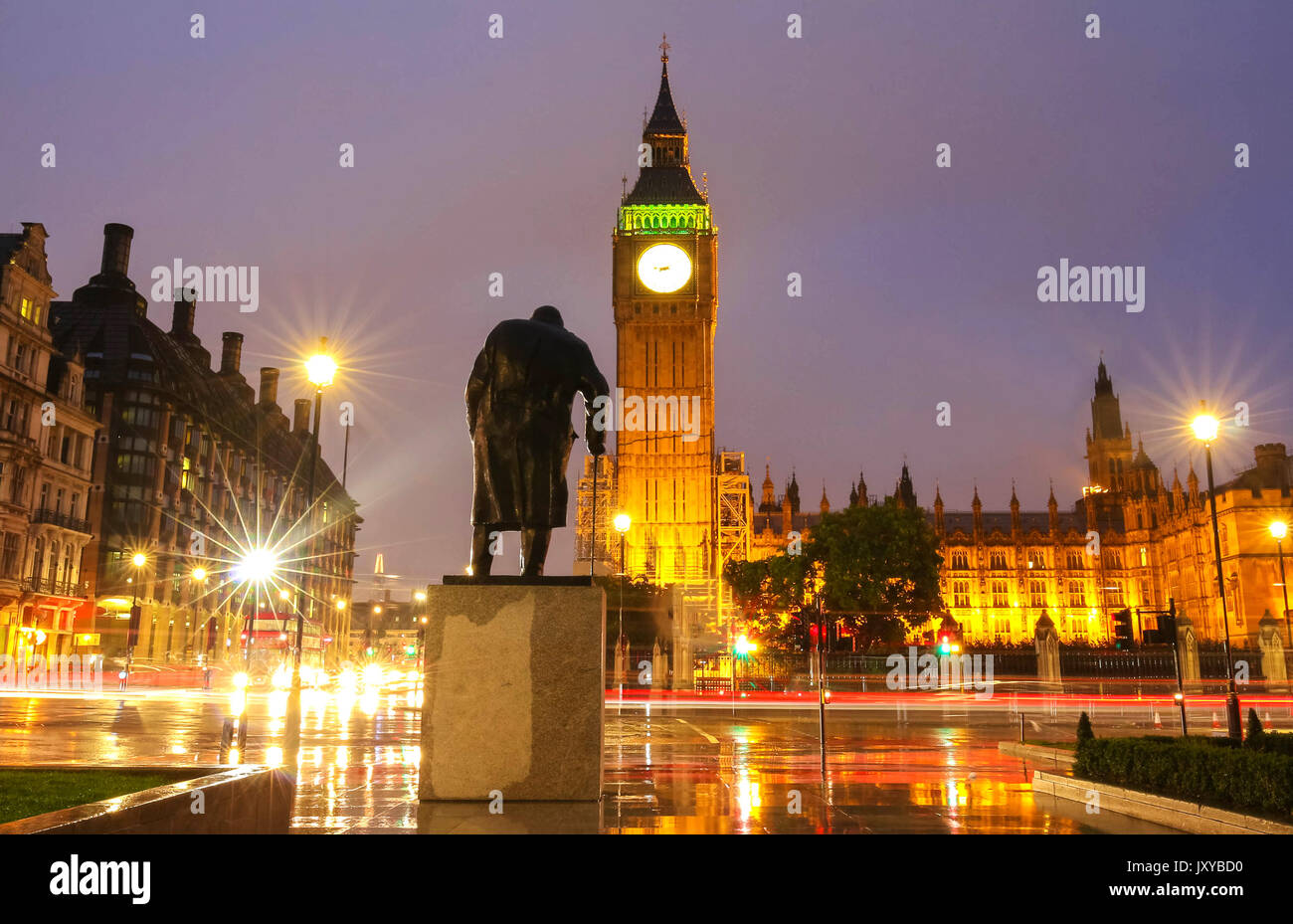 The Big Ben tower at rainy night, London, United Kingdom Stock Photo ...