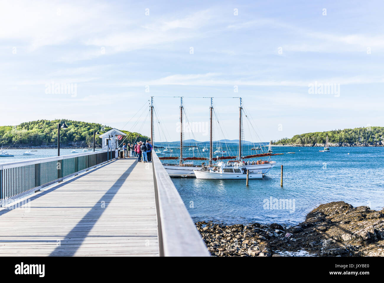Bar Harbor, USA - June 8, 2017: Pier with tour ship sail boat and ...
