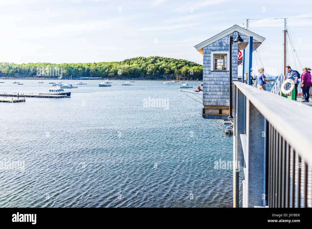 Bar Harbor, USA - June 8, 2017: Pier with tour ship sail boat and ...