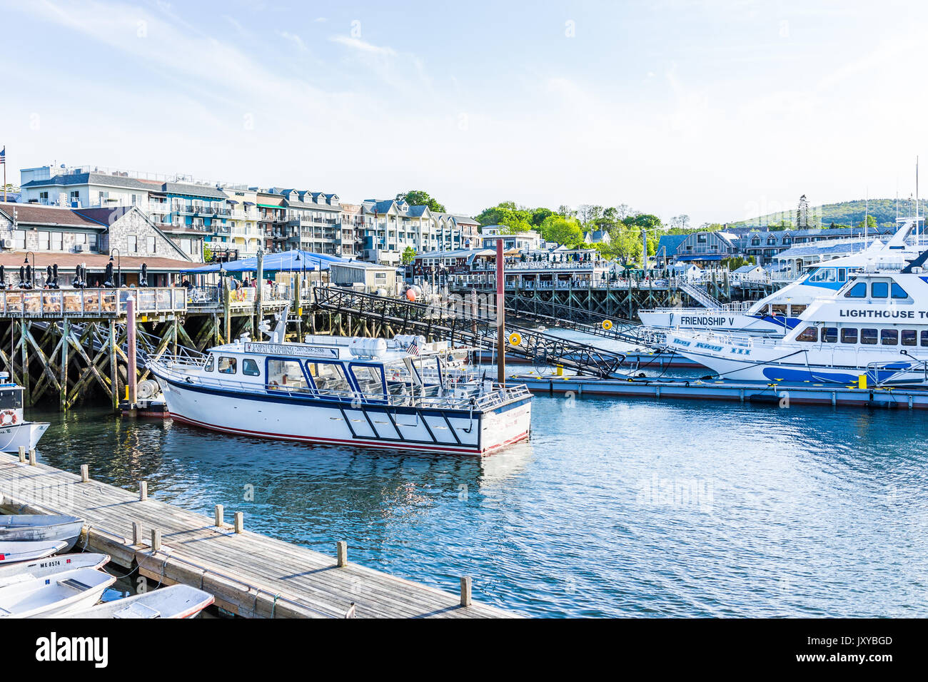 Bar Harbor, USA - June 8, 2017: View of dock and empty boats in ...
