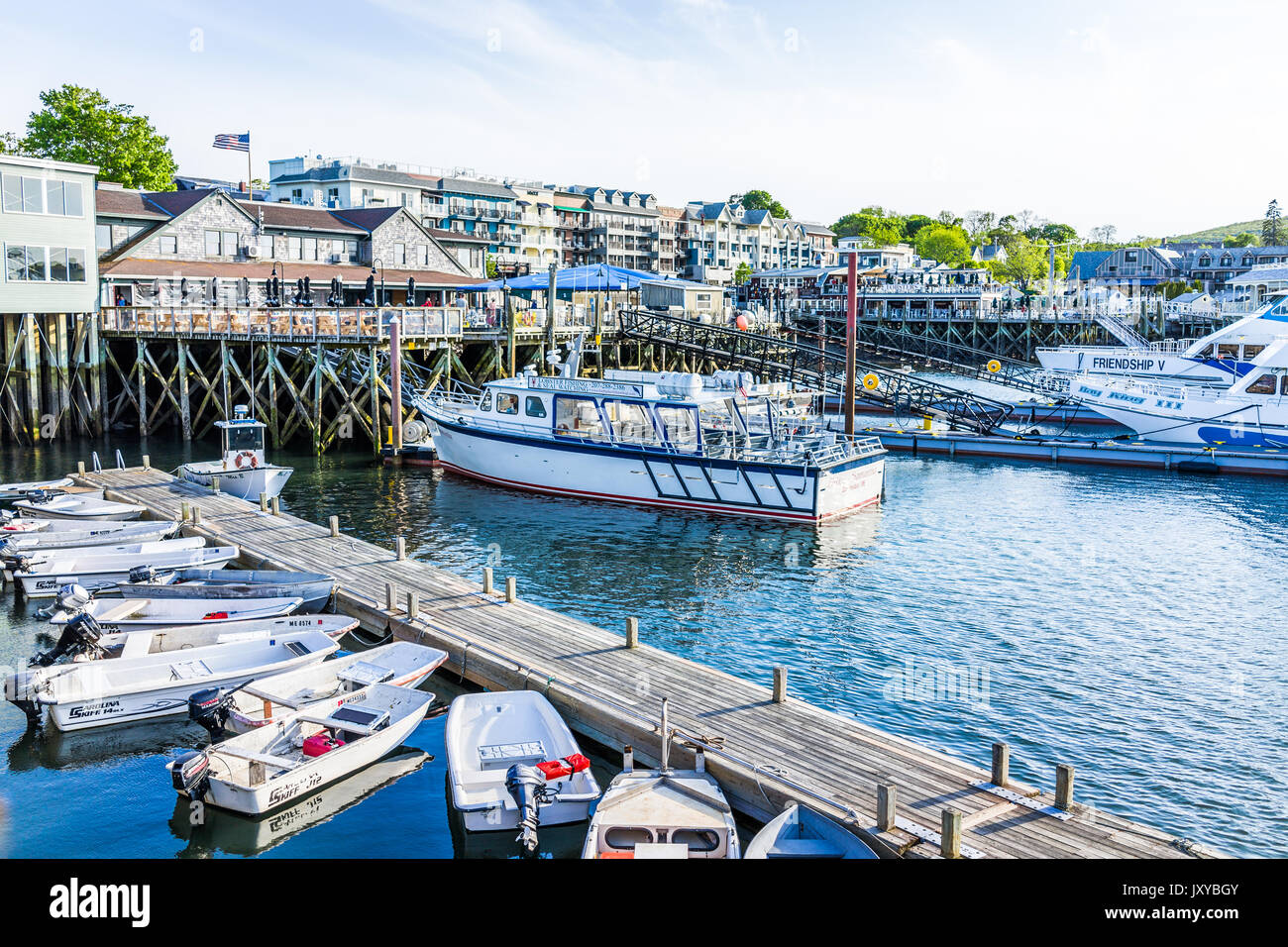 Bar Harbor, USA - June 8, 2017: View of dock and many empty boats in ...