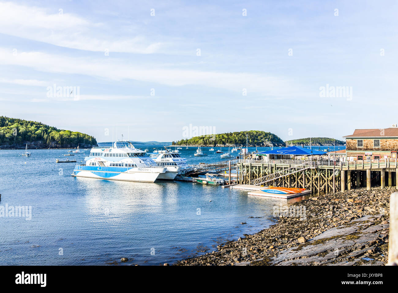 Bar Harbor, USA - June 8, 2017: View of dock and ship boats in downtown ...