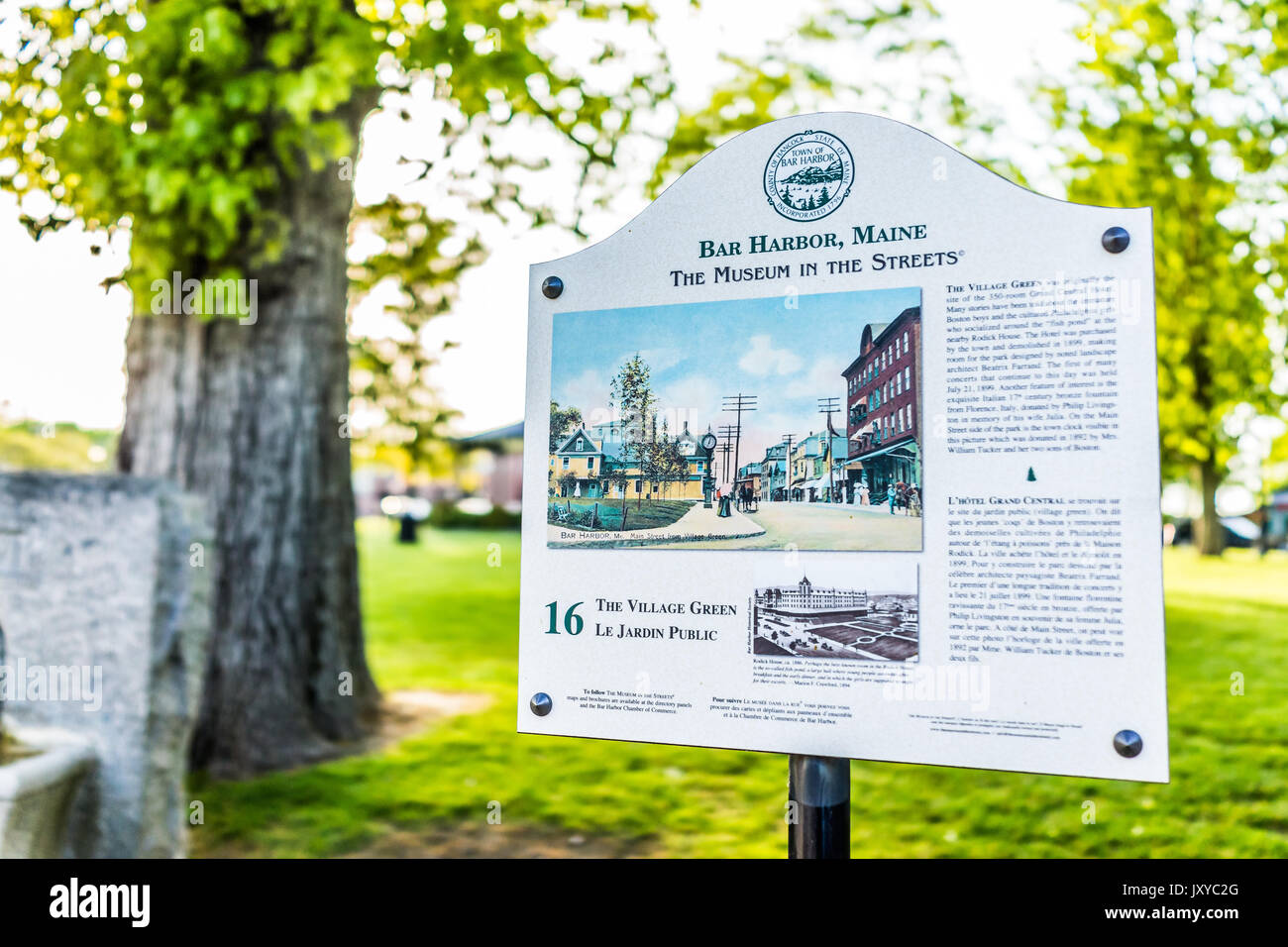 Bar Harbor, USA - June 8, 2017: City park village green sign in ...