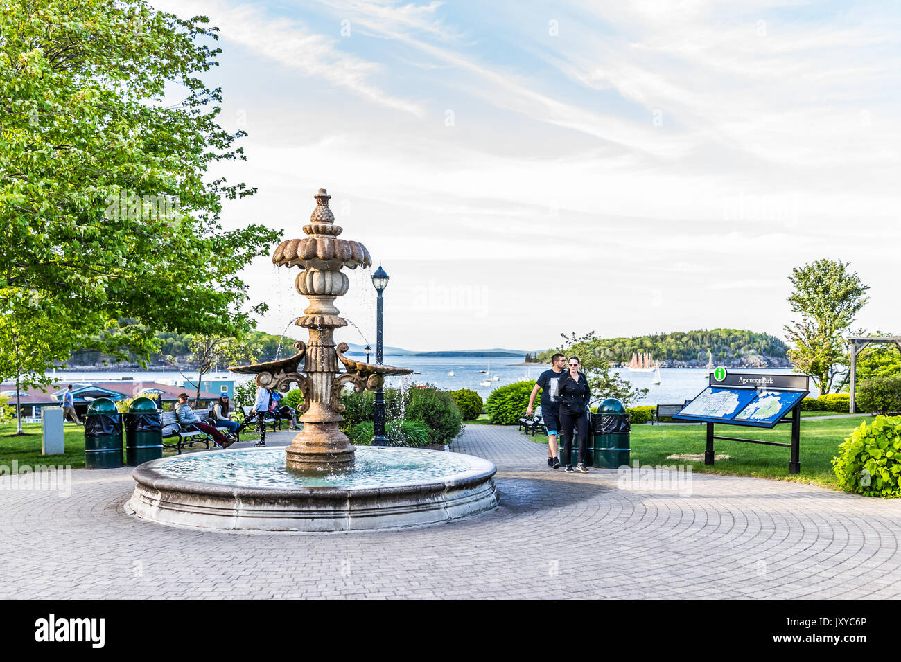 Bar Harbor, USA - June 8, 2017: Splashing water fountain in downtown ...
