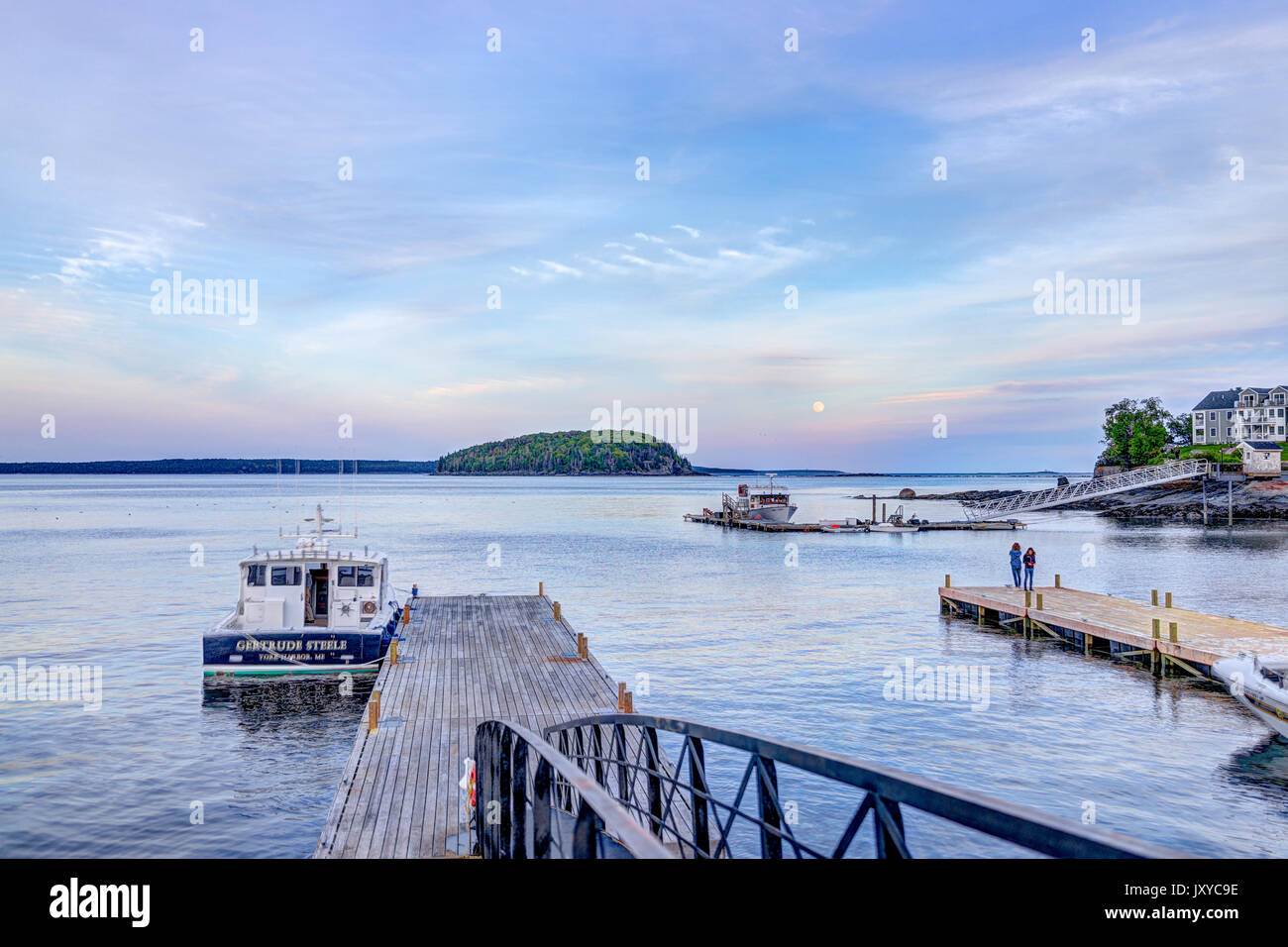 Bar Harbor, USA - June 8, 2017: View of dock and boat in downtown ...