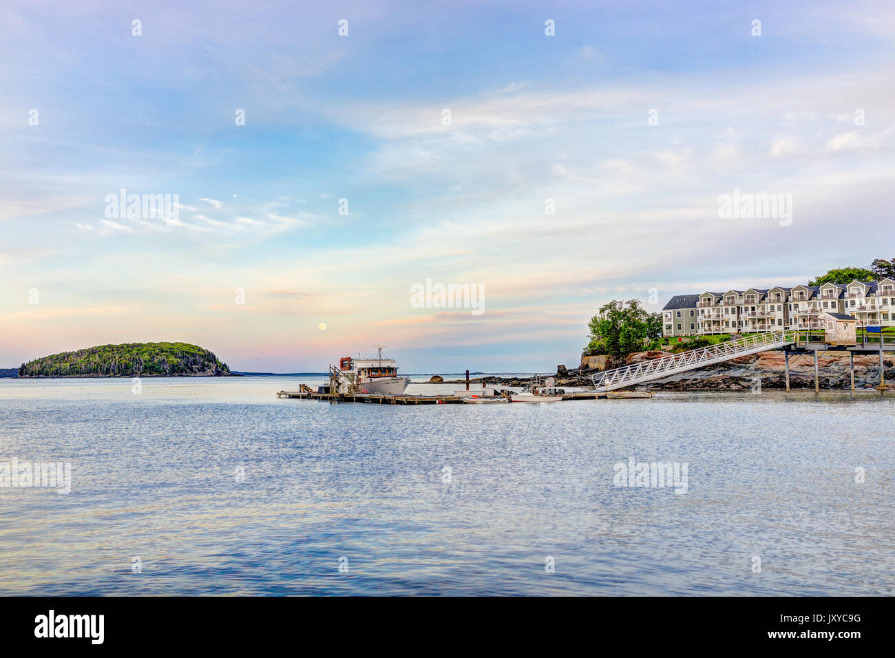 Bar Harbor, USA - June 8, 2017: View of dock and hotel in downtown ...