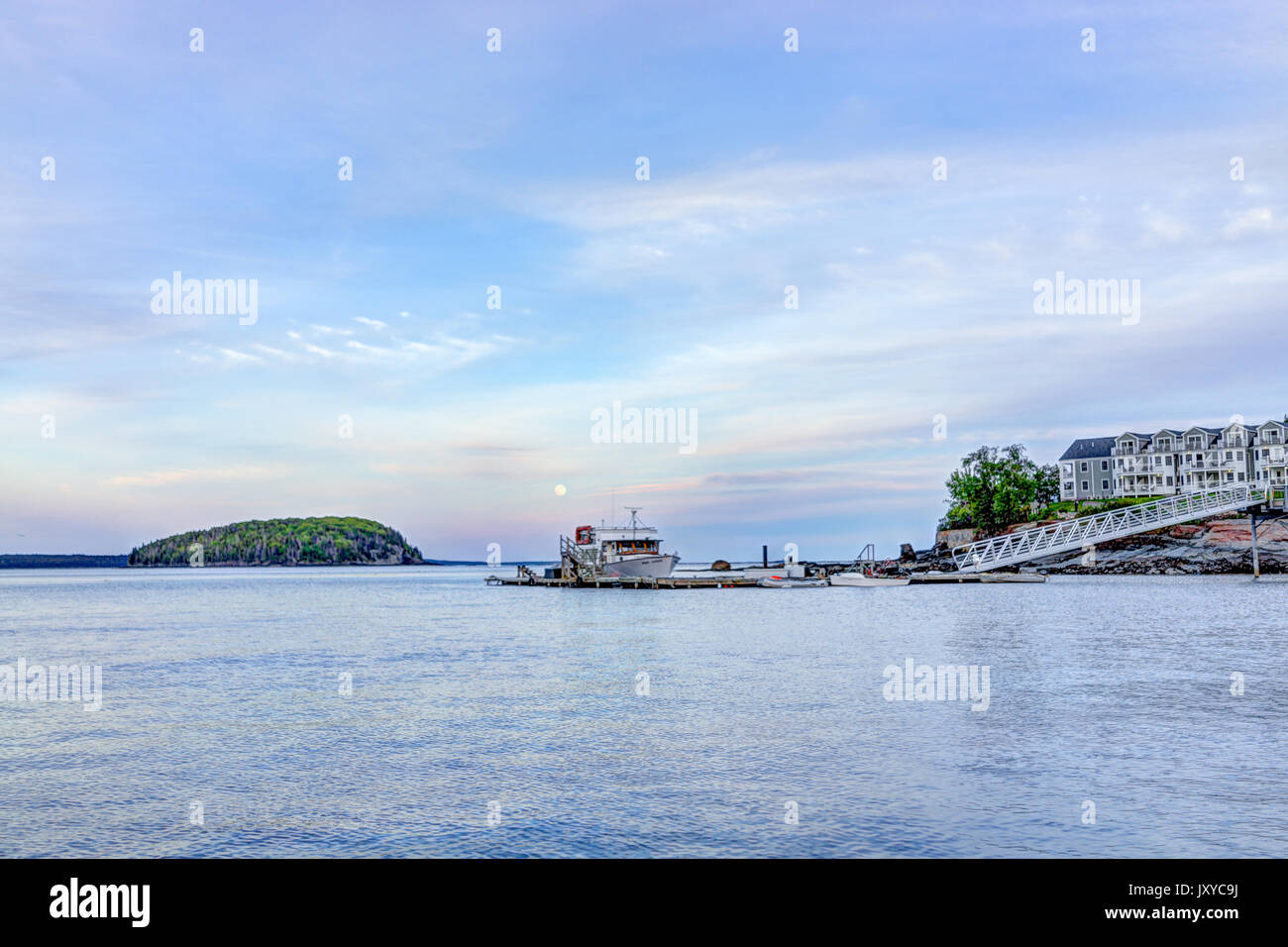 Bar Harbor, USA - June 8, 2017: View of dock and hotel in downtown ...
