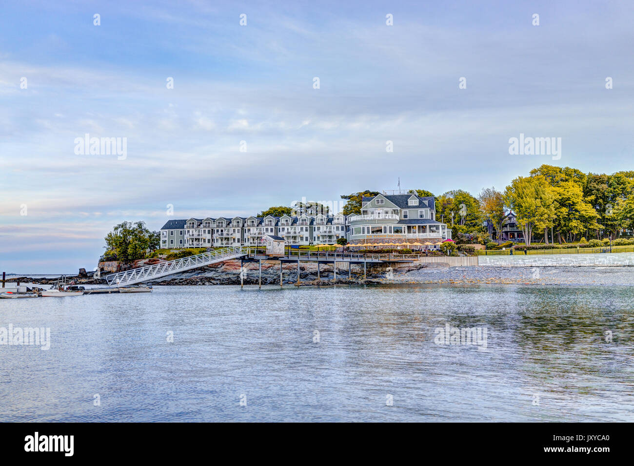 Bar Harbor, USA - June 8, 2017: View of dock and hotel in downtown ...