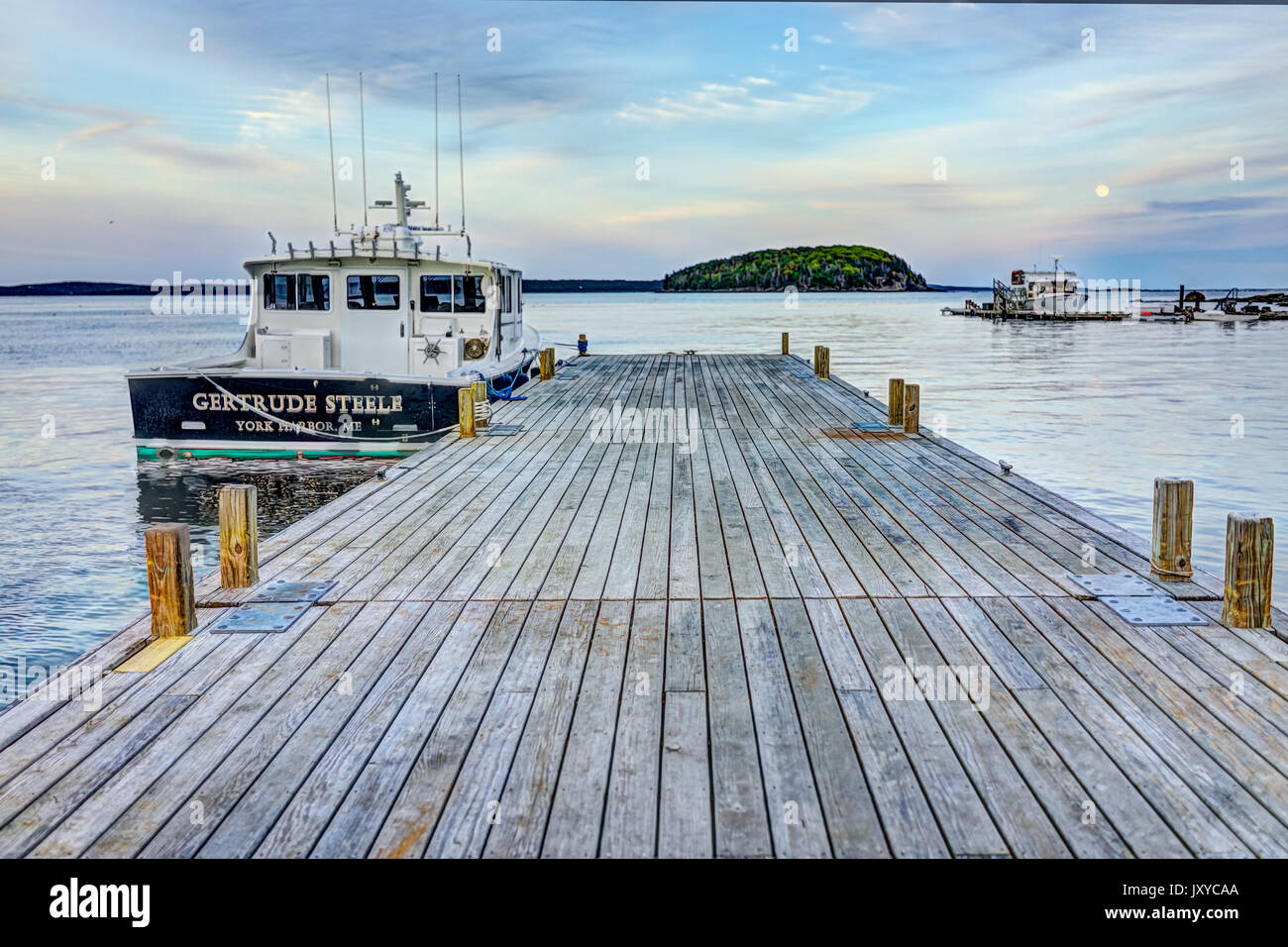 Bar Harbor, USA - June 8, 2017: View of dock in downtown village in ...