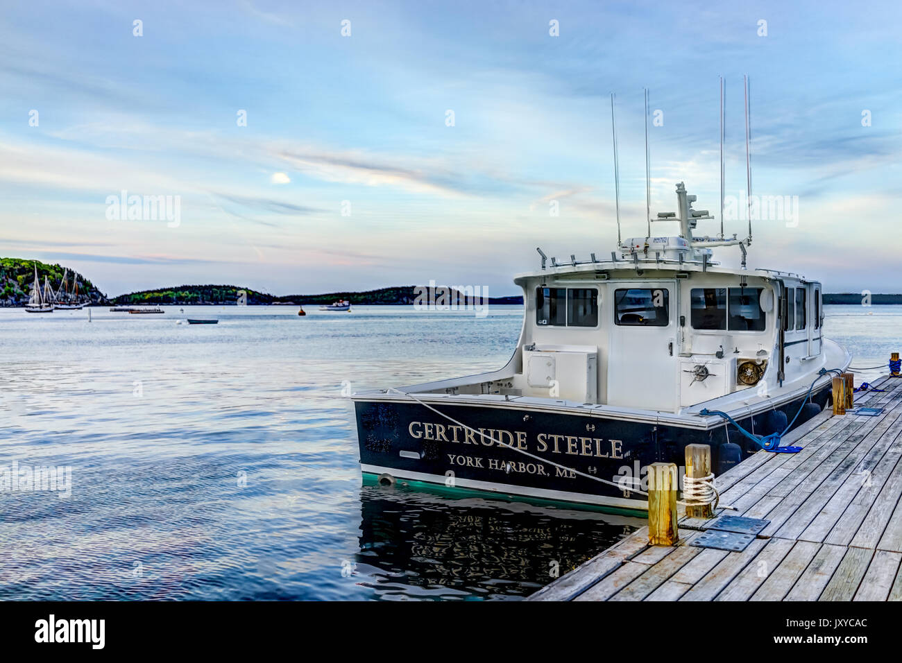 Bar Harbor, USA - June 8, 2017: View of dock in downtown village in ...