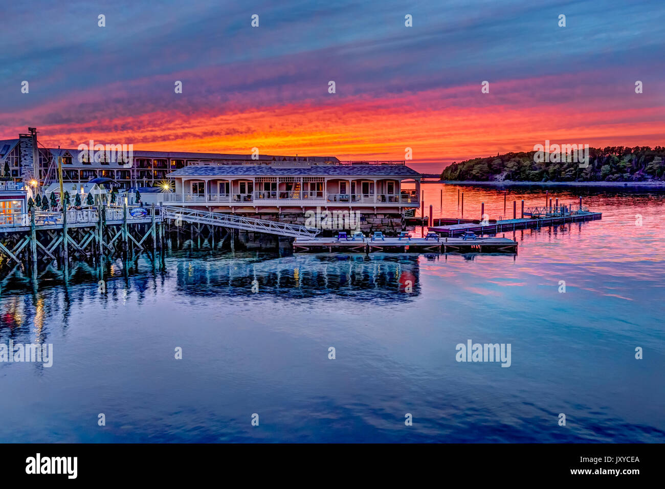 Bar Harbor, USA - June 8, 2017: Downtown village in summer during ...