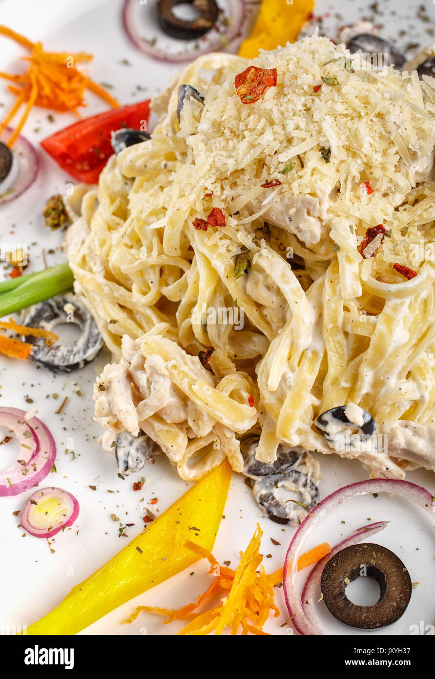 pasta, alfredo, dinner and food concept - Alfredo pasta Stock Photo - Alamy