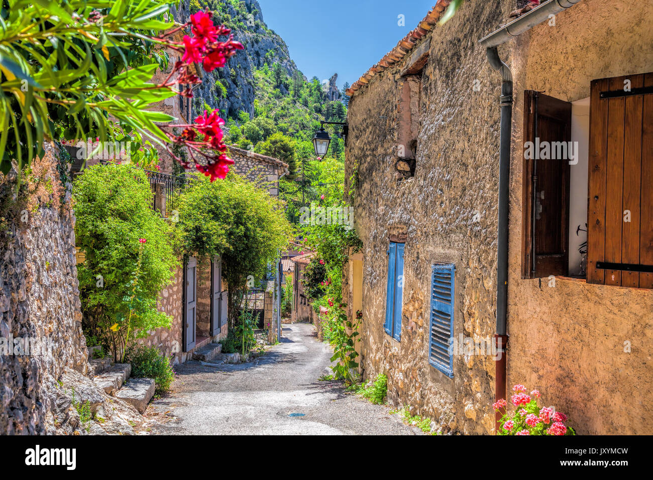 Moustiers Sainte Marie village with street in Provence, France Stock ...