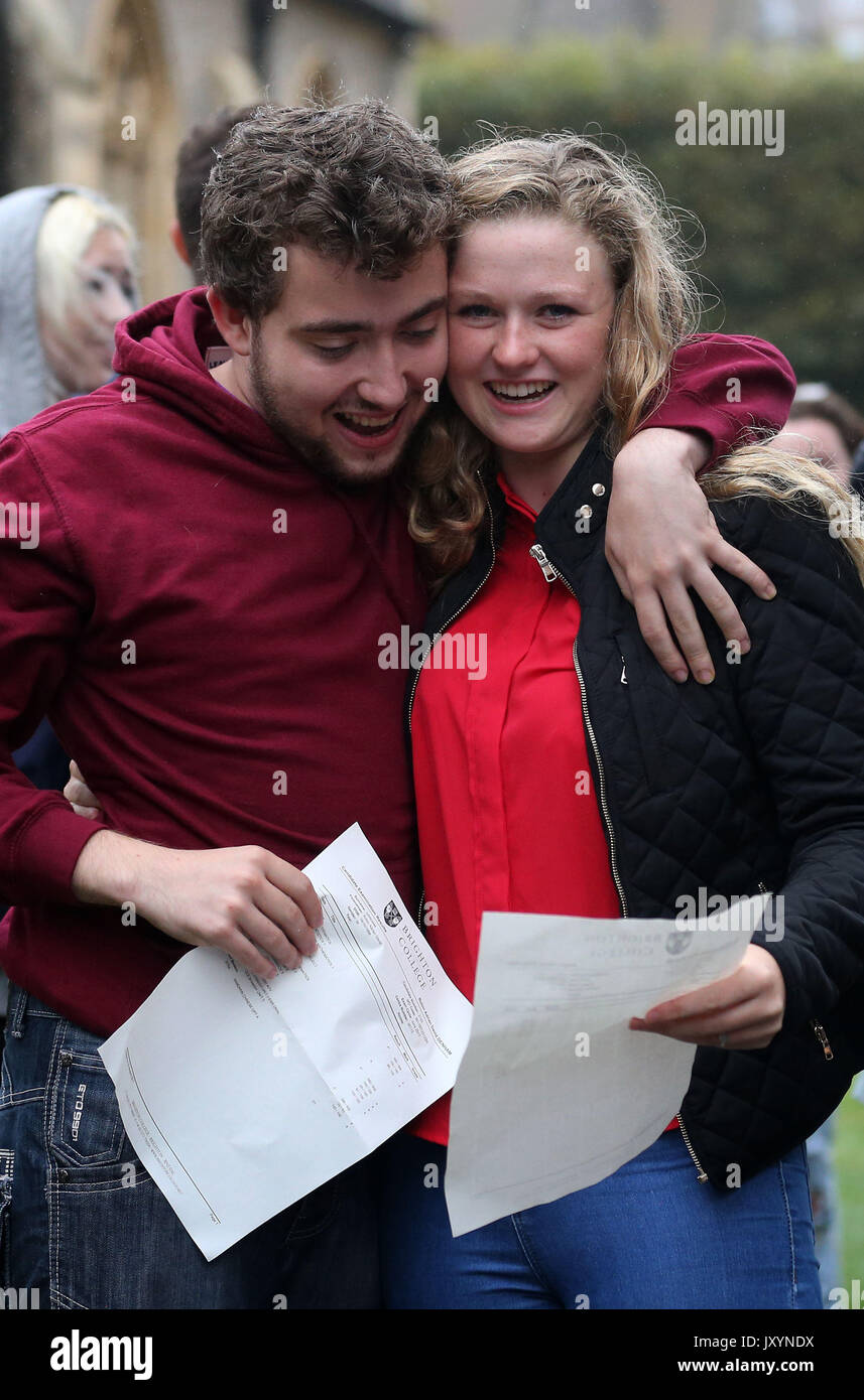 Robin Denham and Imogen Strawchan celebrate after collecting their A ...