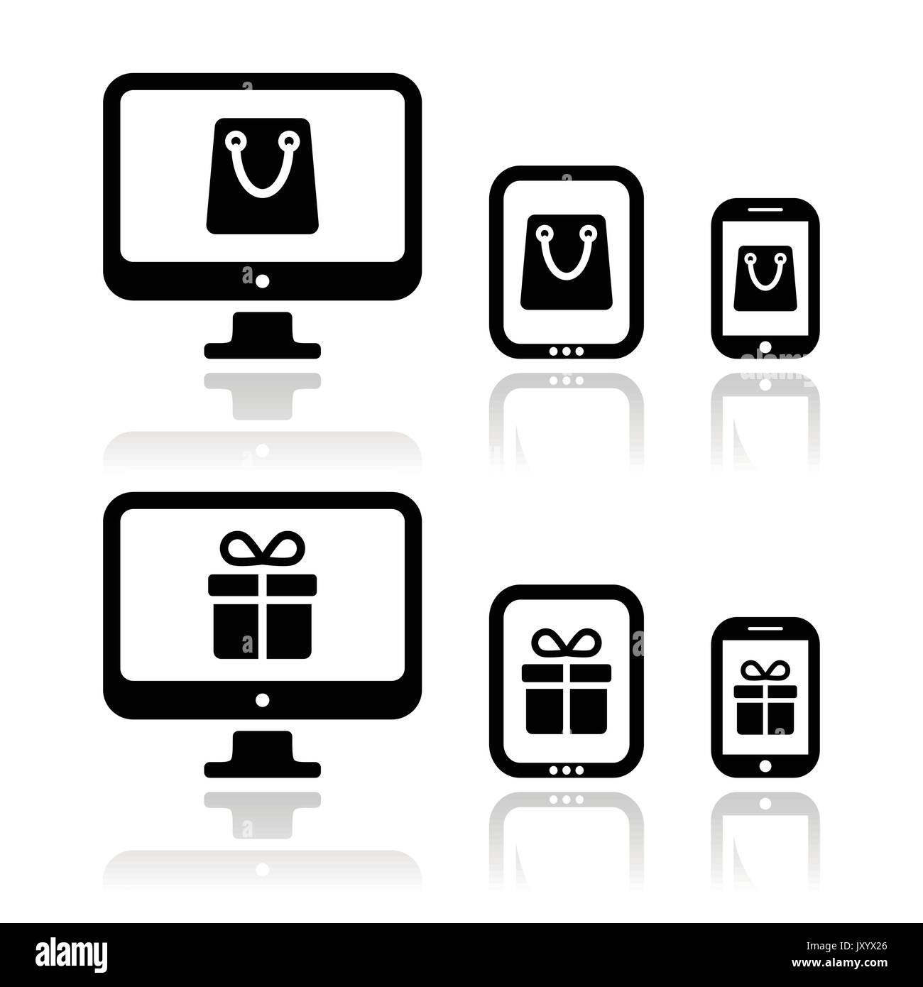 Shopping online, laptop with present and shopping bag icons set Vector ...