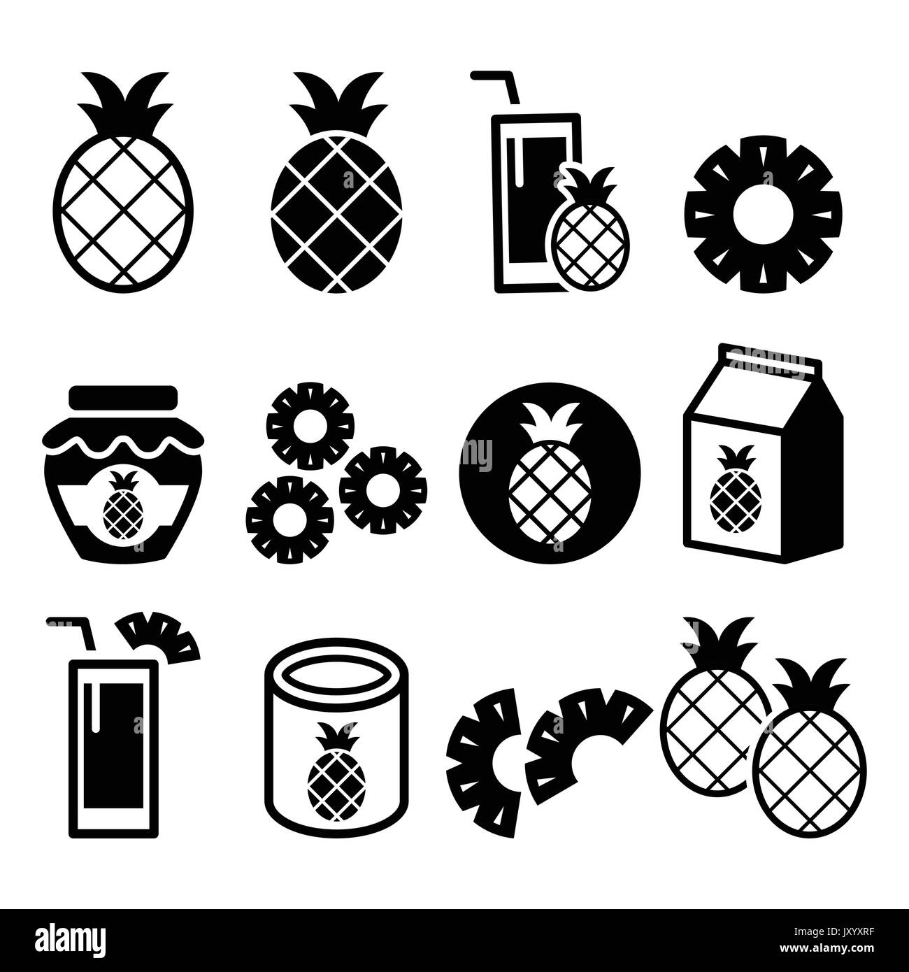 Pineapple fruit, pineapple slices, juice vector icons set. Food icons ...