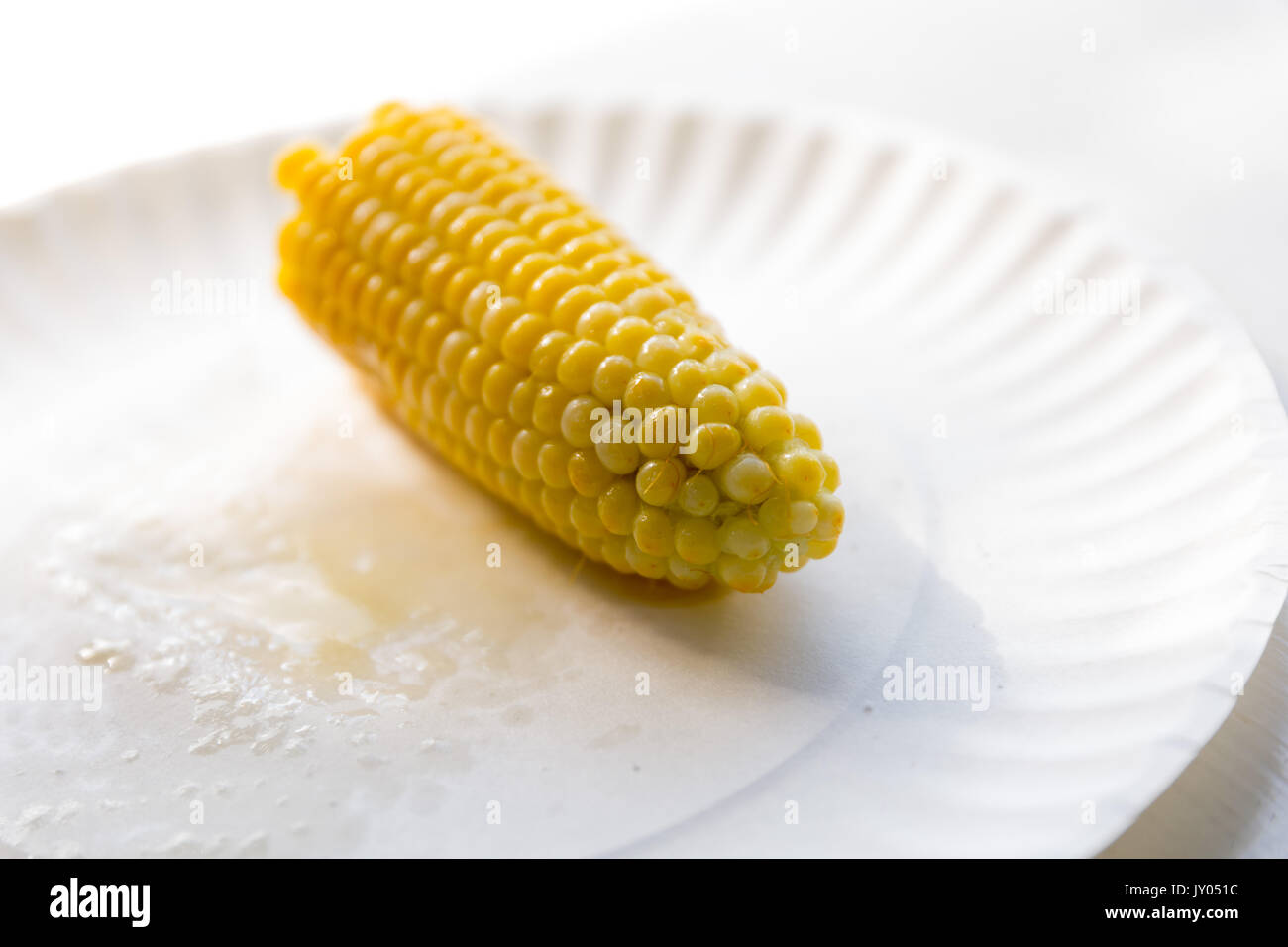Single Yellow Corn On The Cob Sitting On A White Paper Plate On A ...