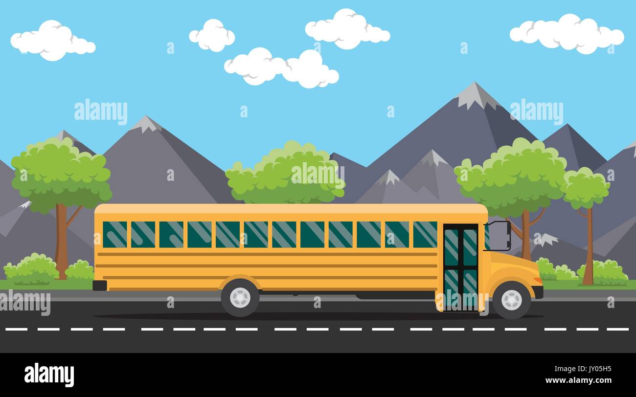 school bus yellow on road with tree and mountain as background vector ...