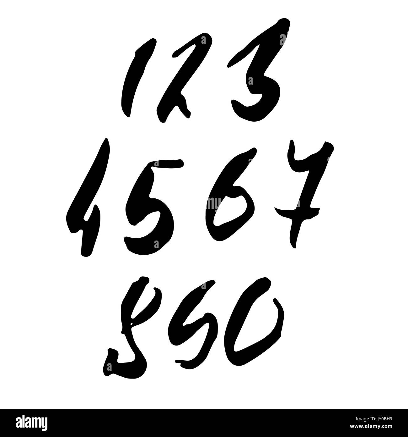 Set of calligraphic ink numbers. Dry brush lettering. Vector ...